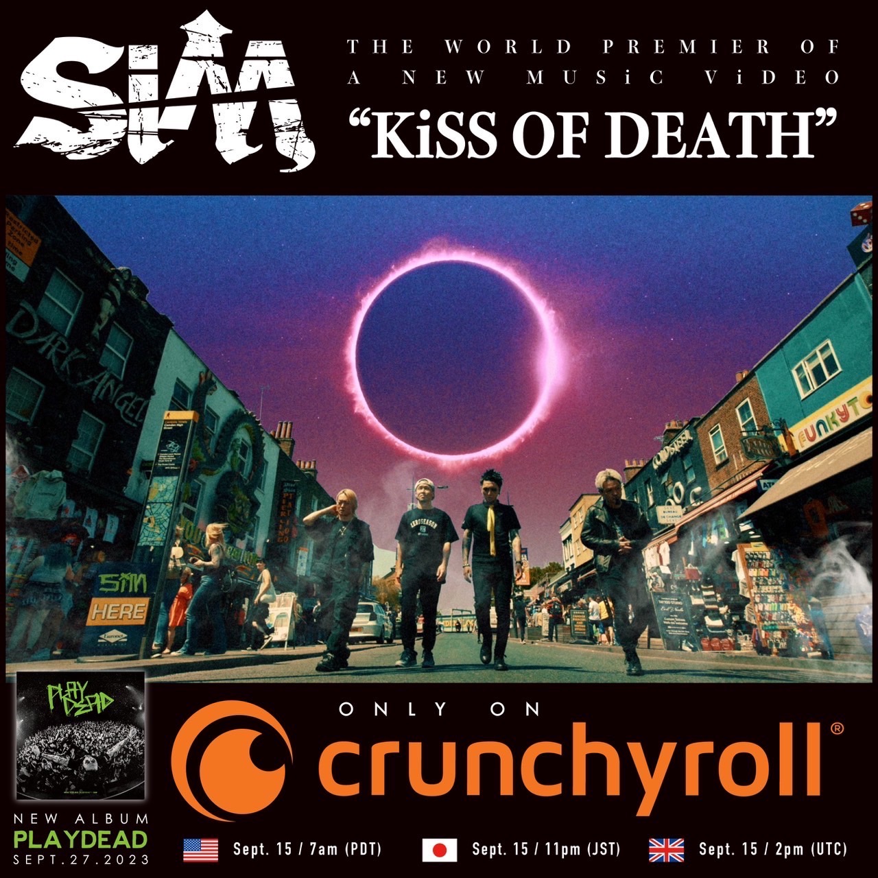 SiM、ロンドンにて撮影された「KiSS OF DEATH」MVのティザー映像公開！世界的アニメプラットフォームのクランチロールサイト上で9月 ...